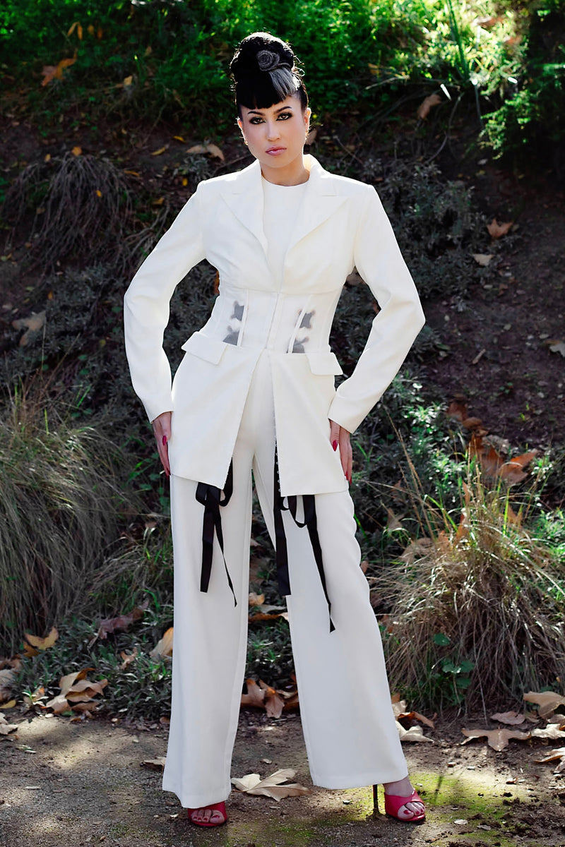White Gilded Blazer with Sheer Corset – WEASEL WEAR