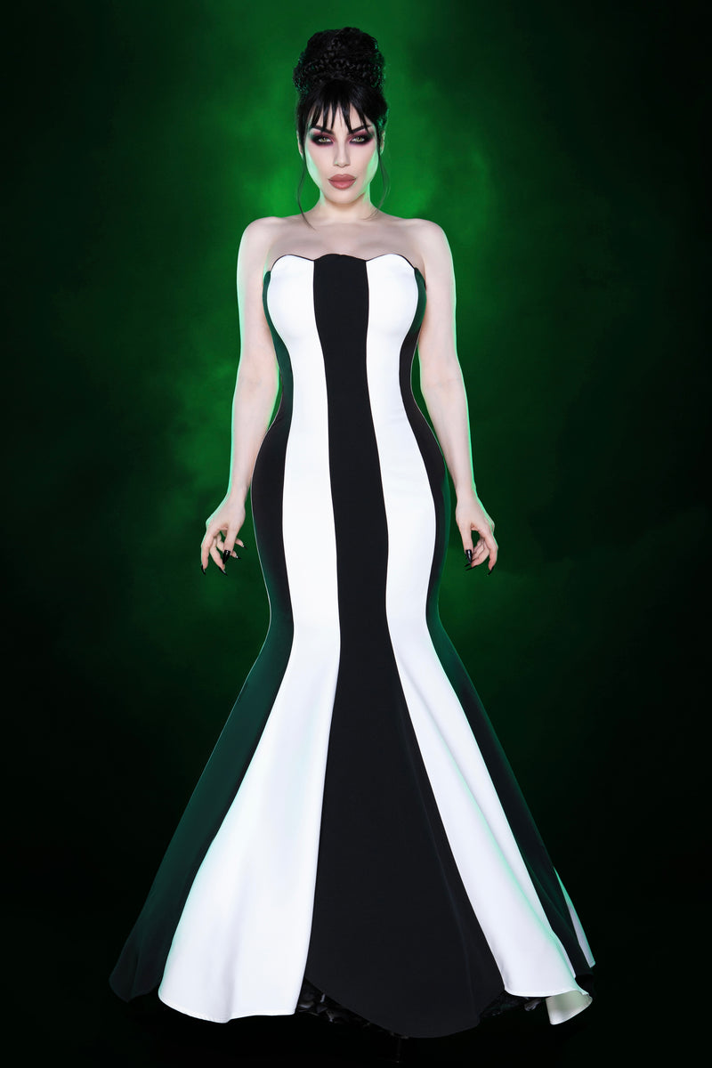 Sandworm Striped Gown – Black & White Vertical Stripe Mermaid Gown (Cu – WEASEL WEAR