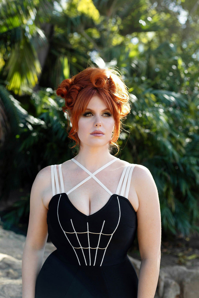 Cobbweb Embroidered Bandage Dress - Black Bandage Wiggle with Silver S ...