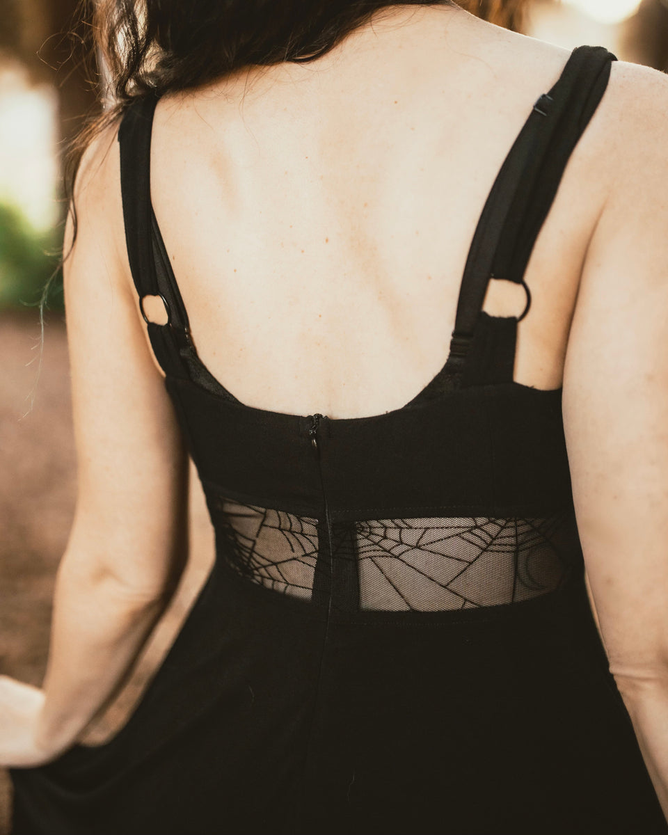 Arachnophobia Maxi Dress - Black Rayon Jersey Maxi with Spiderweb Mesh – WEASEL WEAR